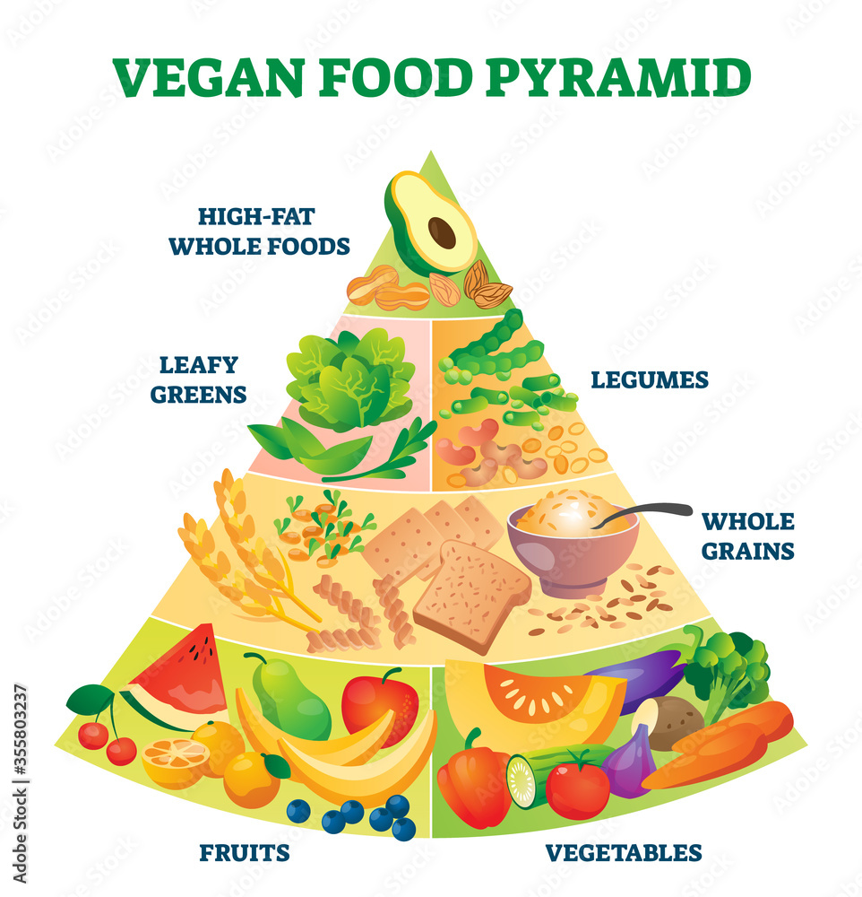 Vegan food pyramid vector illustration. Healthy vegetarian eating ...