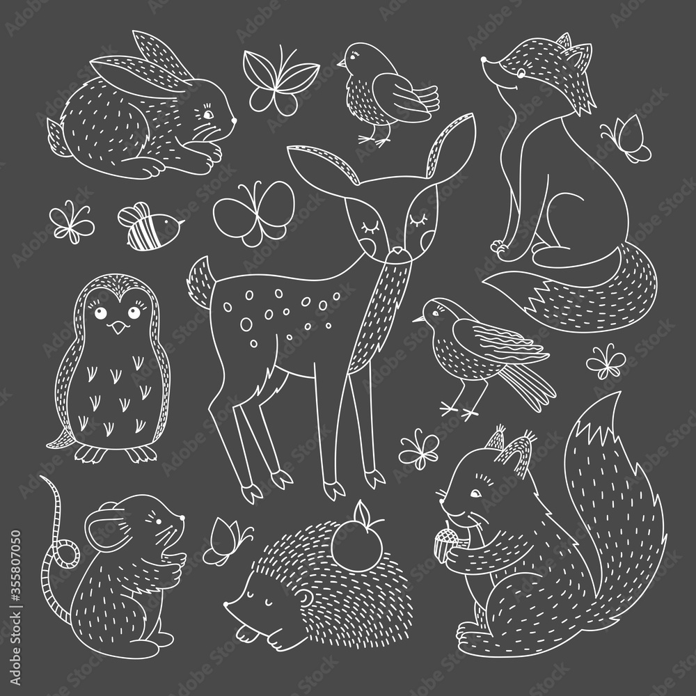 Woodland animal clipart set. Hand drawn forest animals vector ...