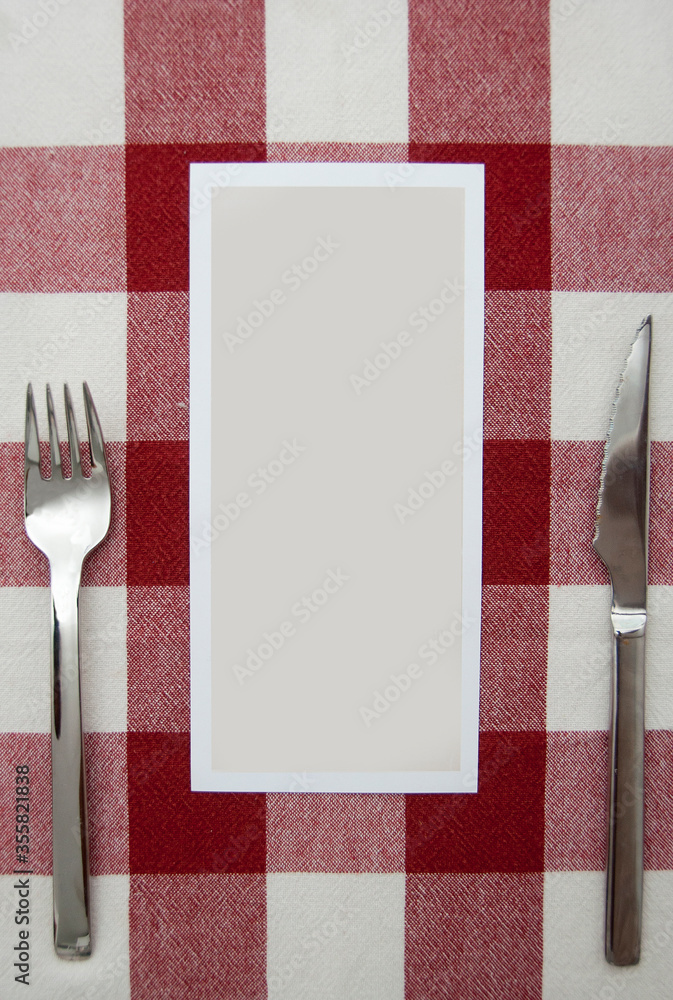 Stockfoto Mockup, Carta de menu en blanco para rellenar con cubiertos y ...
