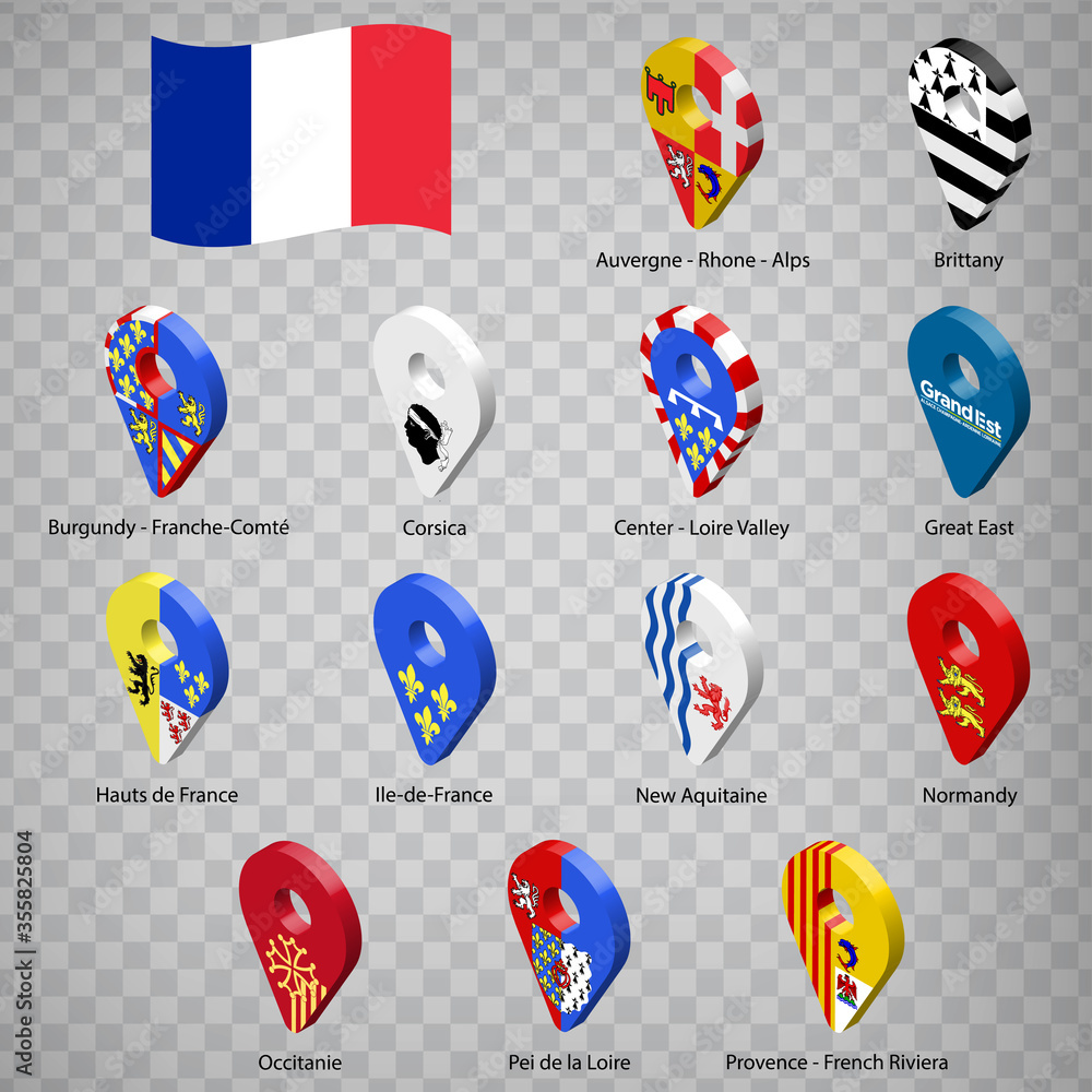 Thirteen flags the Regions of France - alphabetical order with name ...