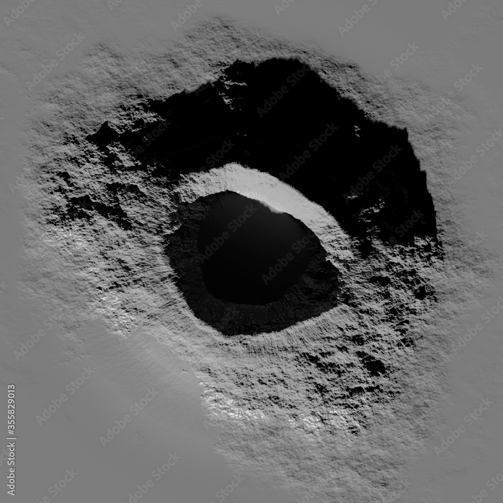 3d rendering. A meteorite crater on the surface of a satellite, moon or ...
