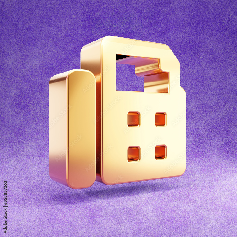 Fax icon. Gold glossy Fax symbol isolated on violet velvet background ...