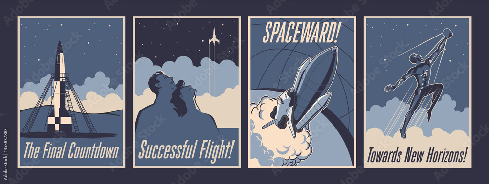 Space Propaganda Poster Set. Launching Pad, Space Rocket, Flying Man ...