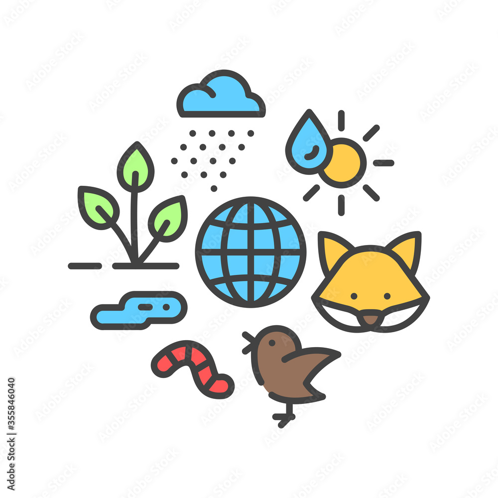 Ecosystem color line icon. Sustainable biodiversity and animal friendly ...
