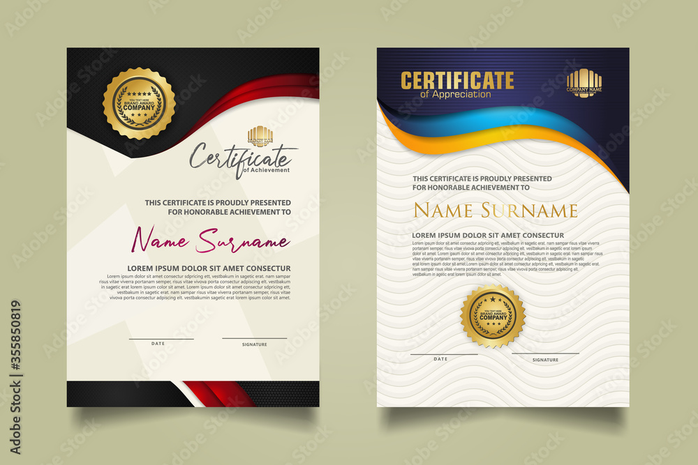 set vertical certificate template with flow lines ornament and modern texture pattern background ...