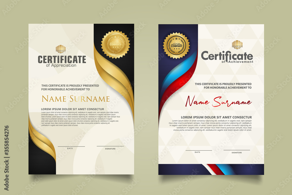 set vertical certificate template with flow lines ornament and modern ...