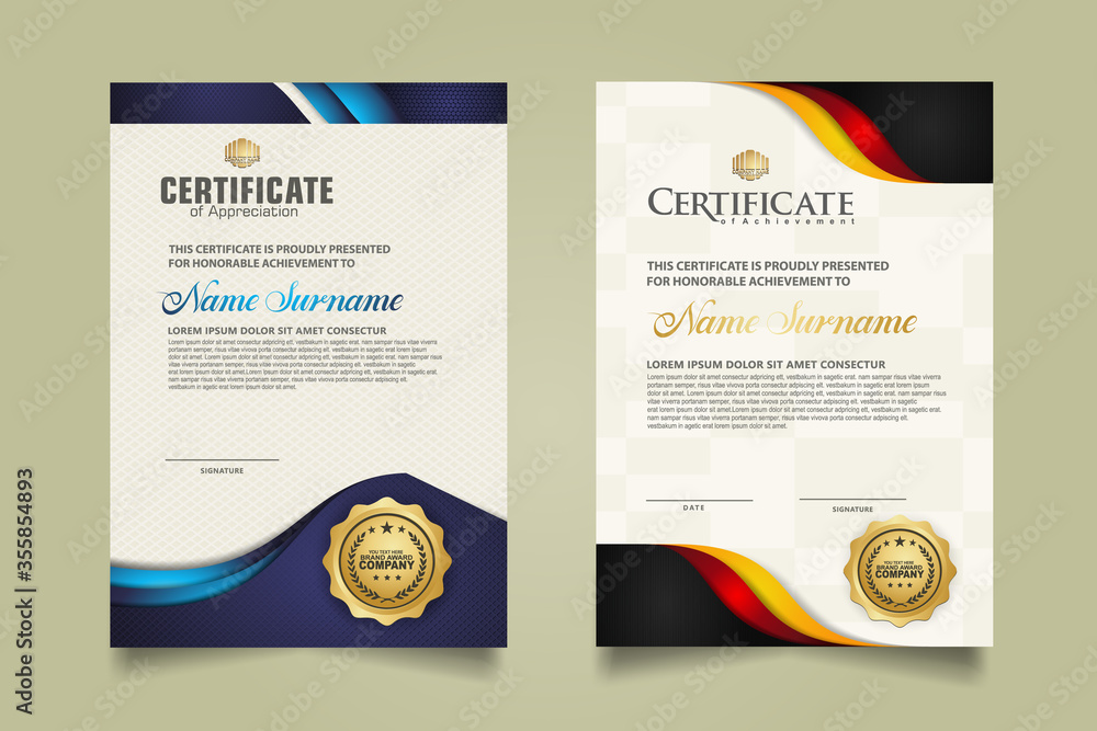 set vertical certificate template with flow lines ornament and modern texture pattern background ...