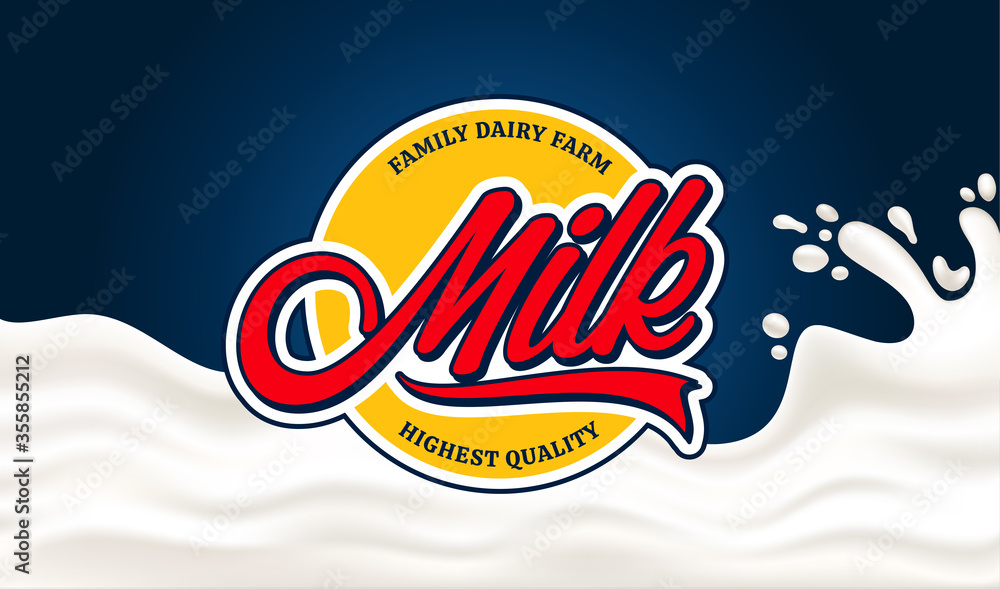 Vector milk round label template. Milk splash vector illustration for ...