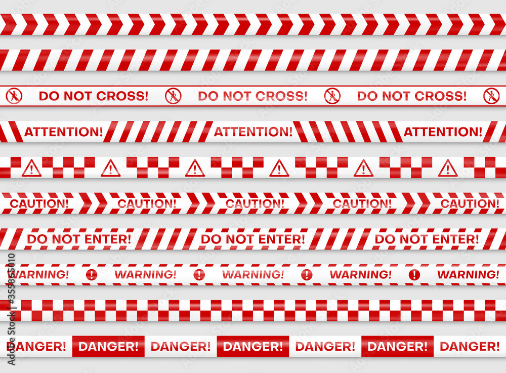 Red danger, barrier, construction tapes realistic set. Warning, caution ...