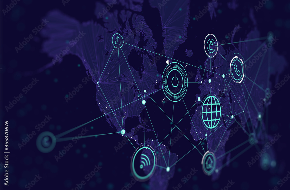 Communications network map of the world, data process activity ...