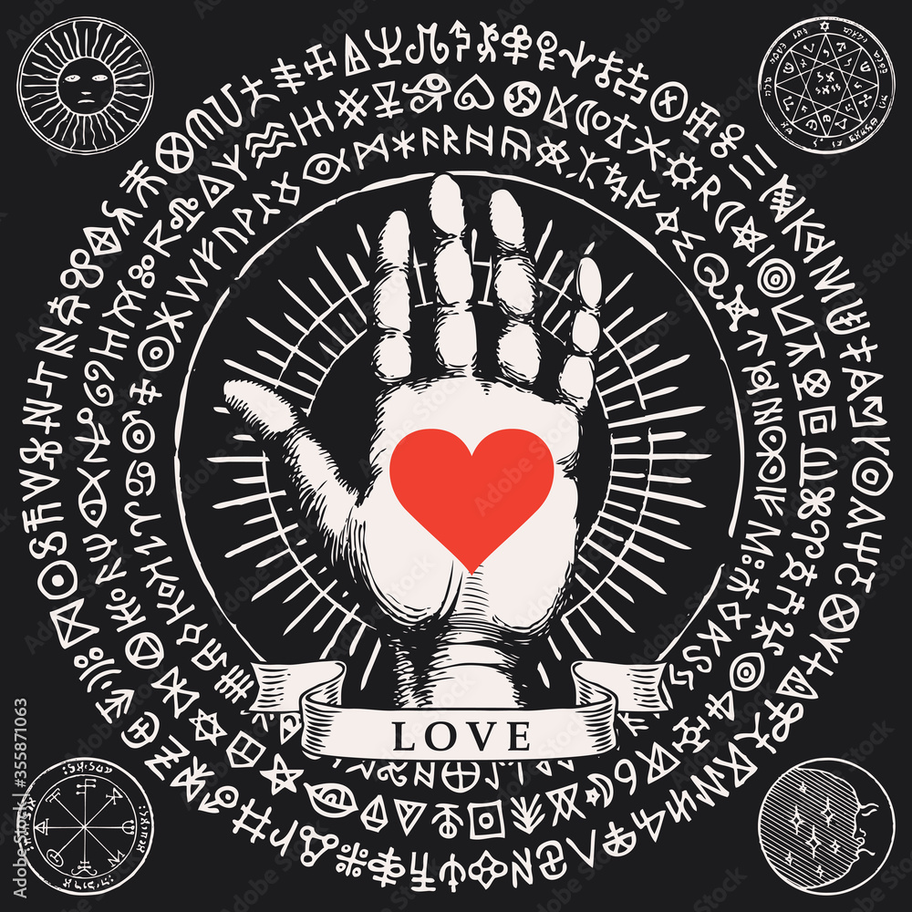 An open hand with a red heart inside in the framing of scribbles ...