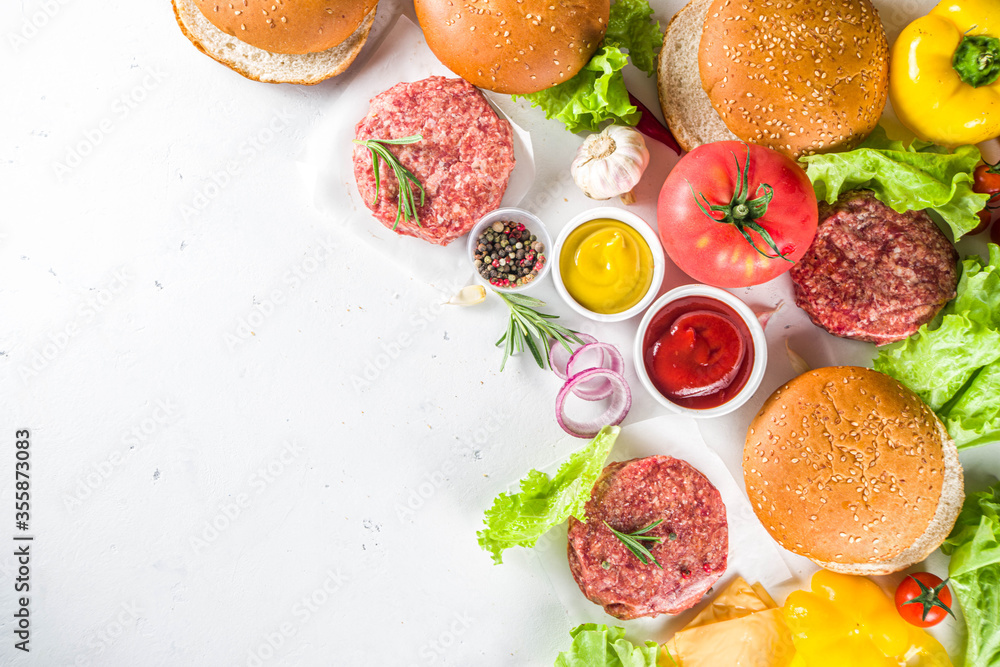 Cooking burger background. Set various cheeseburger and beefburger ...
