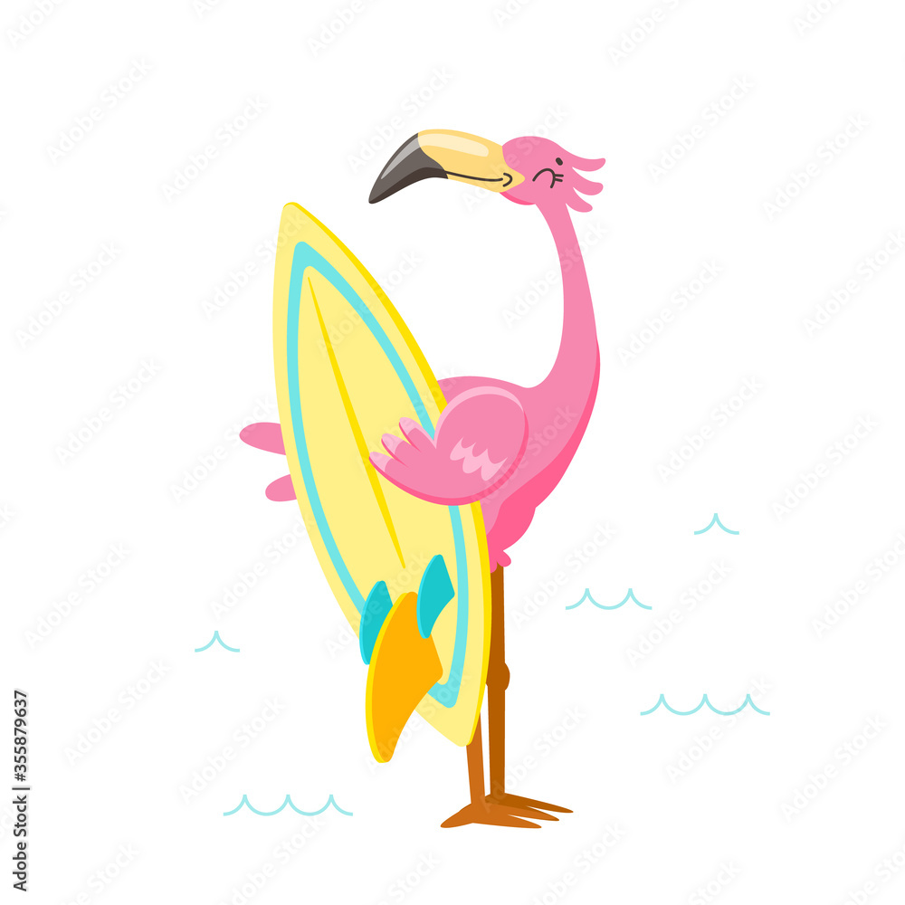 Cute Pink Flamingo with Surf Board on Beach. Cartoon Character on ...
