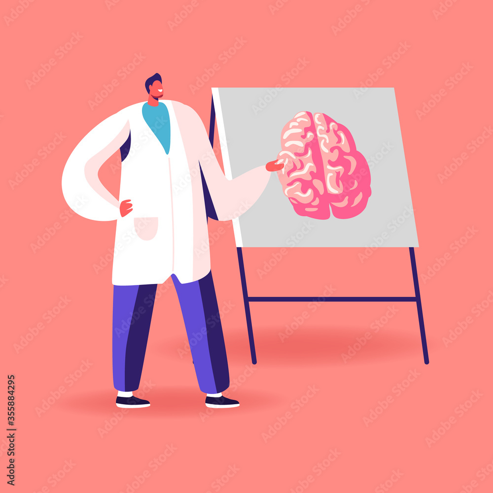 Doctor Character in White Medical Robe Pointing on Signboard with Human ...