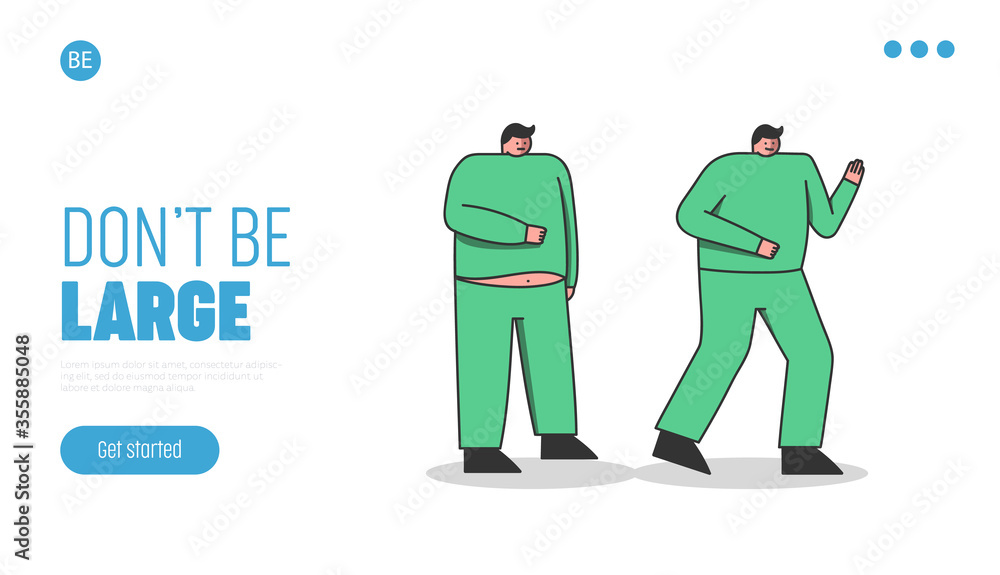 Landing page with fat man running to slim shape. Weight loss process ...