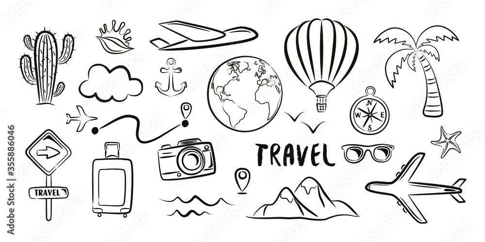 Concept black set of doodle travel icons and elements on a white ...