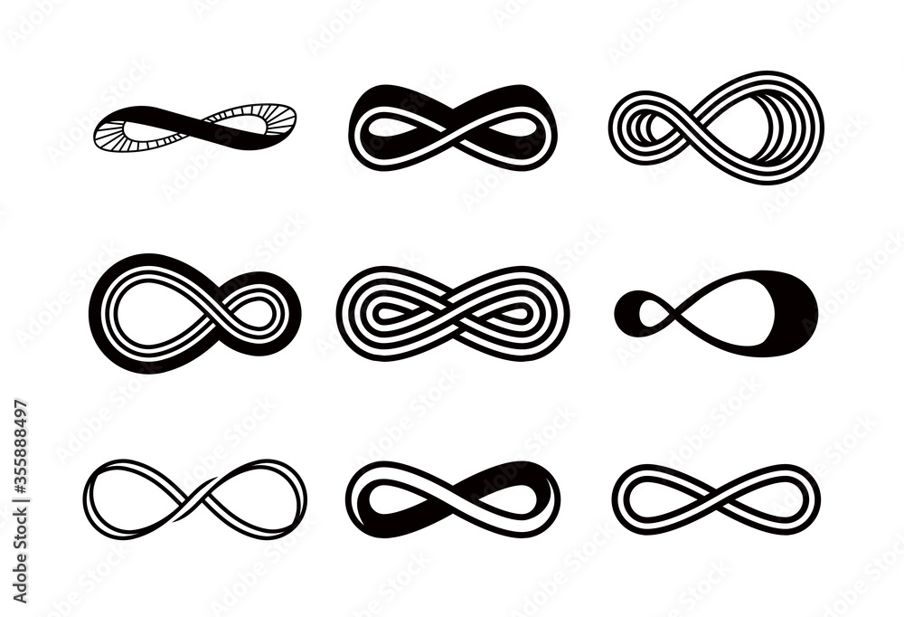 Set of Infinity Symbols. Black Contours of Different Shapes, Thickness ...