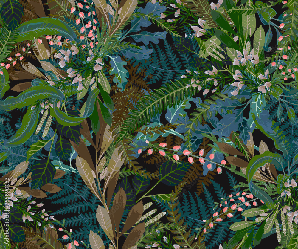 seamless patterns of branches of various trees, foliage of natural ...