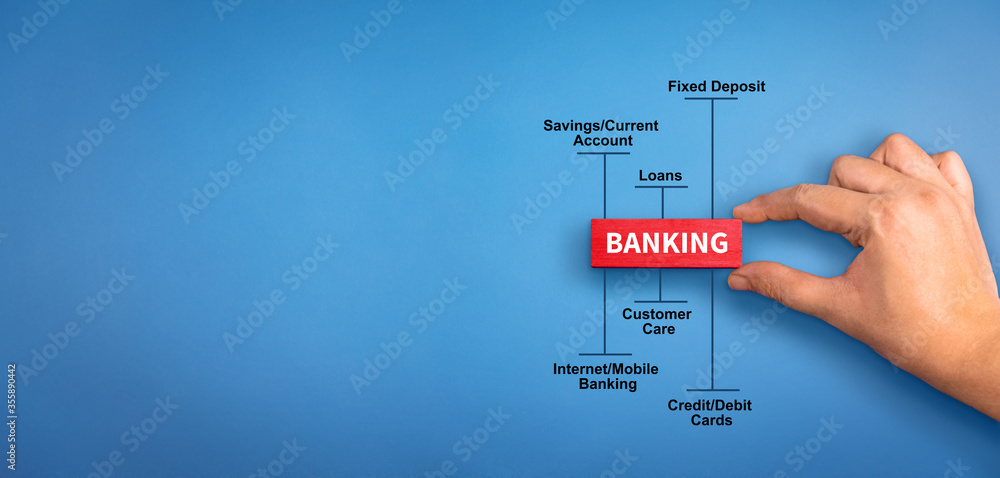 hand holding a wooden block with text Banking with banking services ...