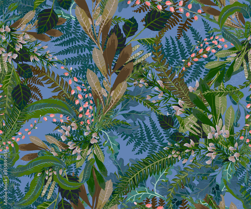 seamless patterns of branches of various trees, foliage of natural ...