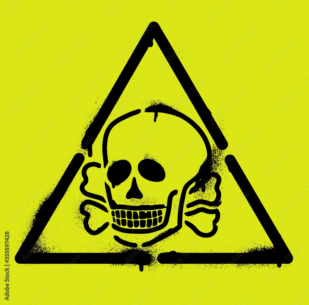 Triangle, skull and crossbones - death warning sign. Black spray ...