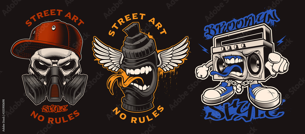 Set of vector graffiti characters on the dark background. These ...