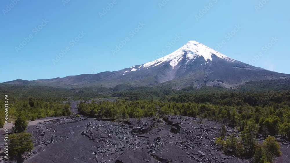 Aerial drone footage of Osorno Volcano located in Chilean Andes. Most ...