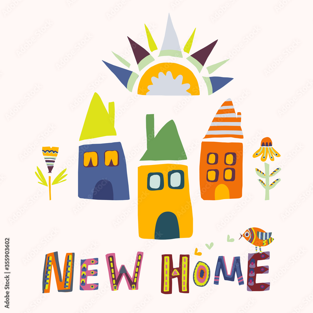 New home announcement card illustration. Paper cut out collage ...