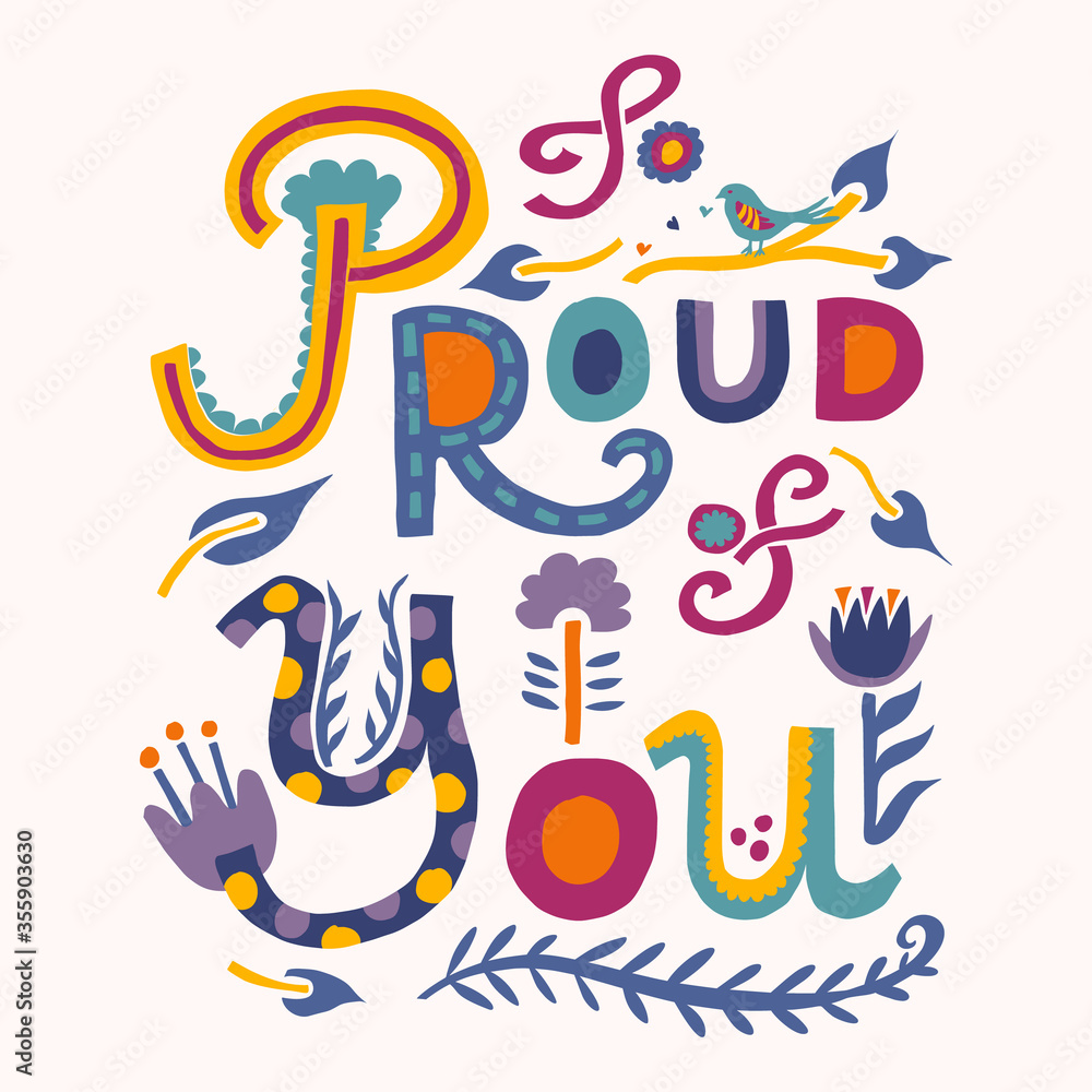 Proud of you greeting card quote. Paper cut out collage handwritten ...