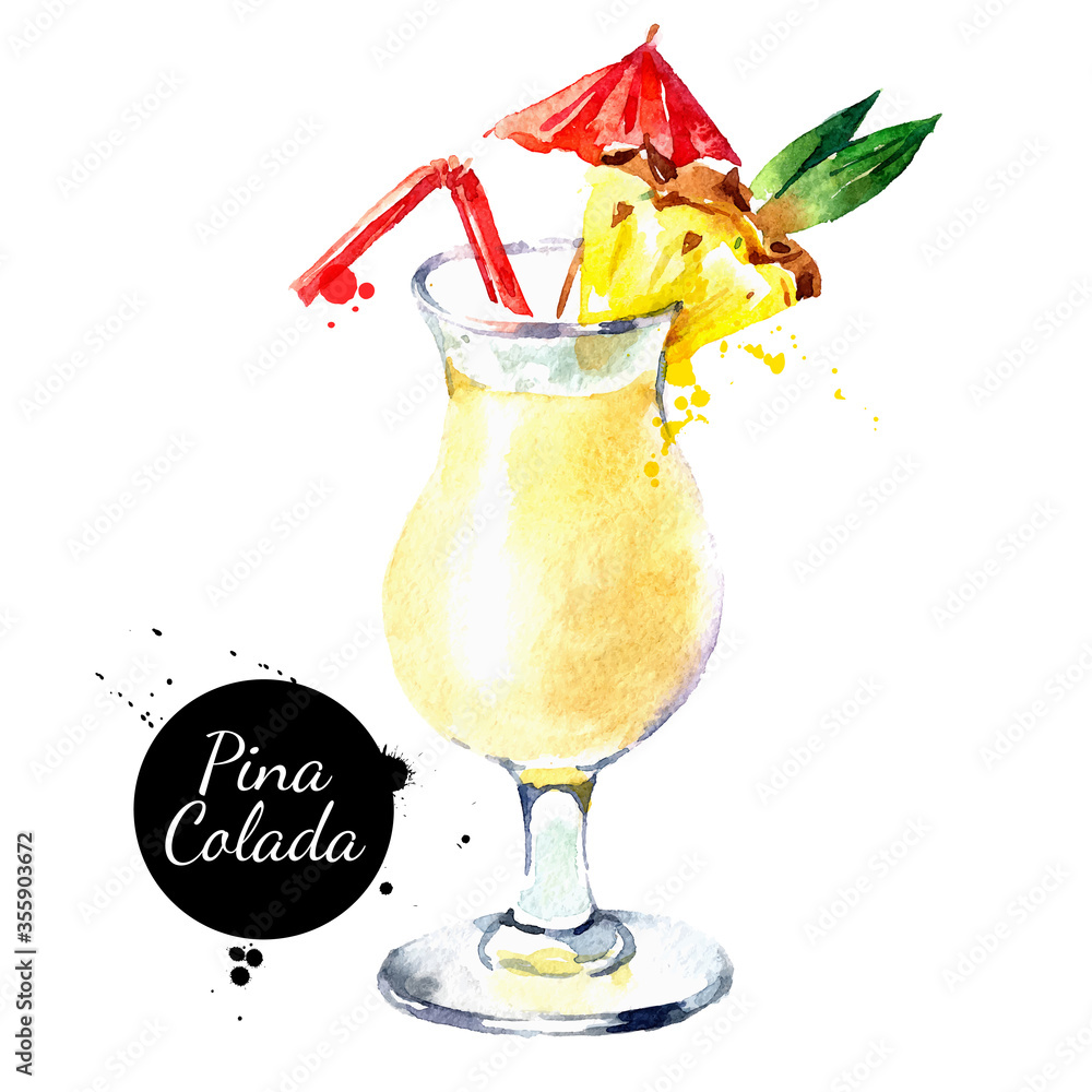 Hand drawn sketch watercolor cocktail Pina Colada. Vector isolated food ...