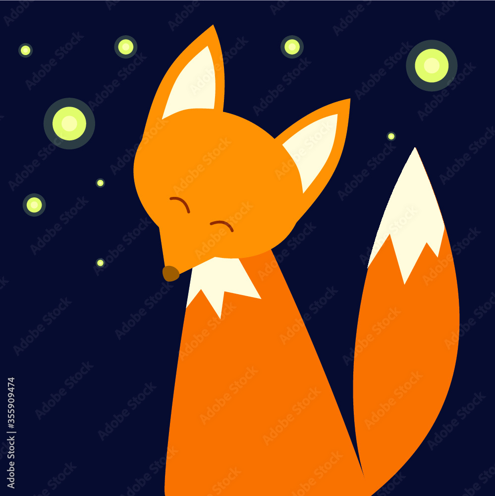 Red fox on the night background. Fox at night. Cute cartoon fox in ...
