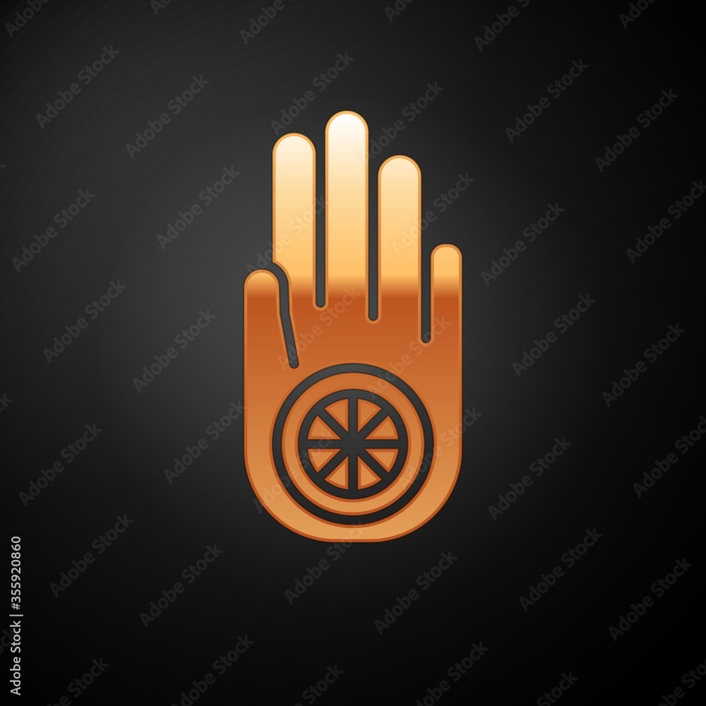 Gold Symbol of Jainism or Jain Dharma icon isolated on black background ...