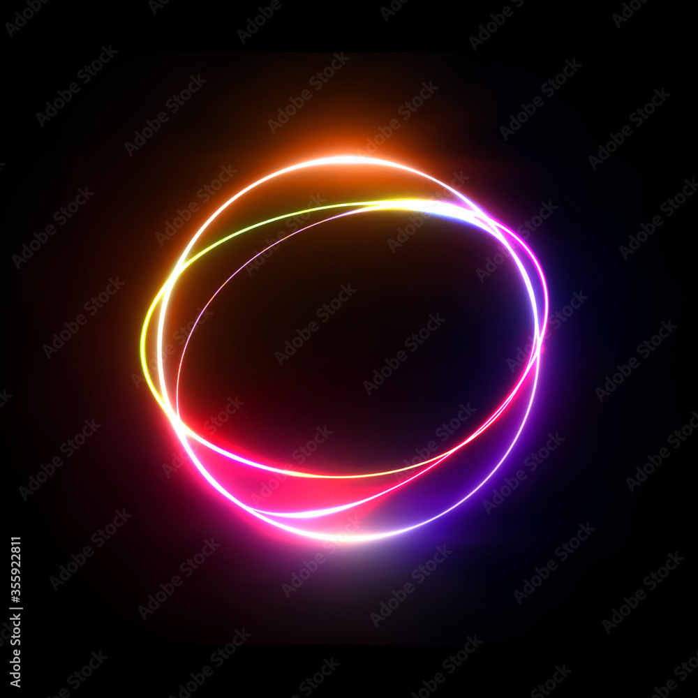 3d render, multicolor neon light, blank round frame, copy space for ...