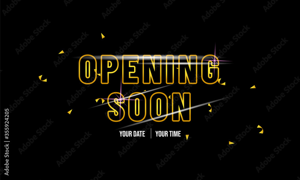 Opening soon background realistic style with confetti isolated on black ...