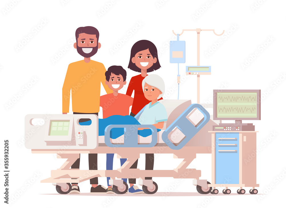 Visiting patient illustration. Family visit at hospital sick grandma ...
