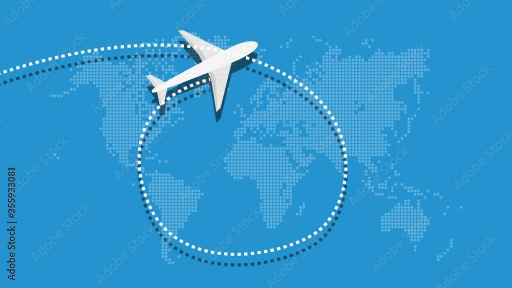 Airplanes animation fly over around world map with blue loopabled ...
