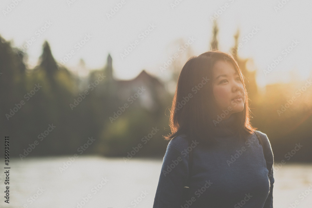 Asian young beautiful girl portrait with hair rim light shine from ...