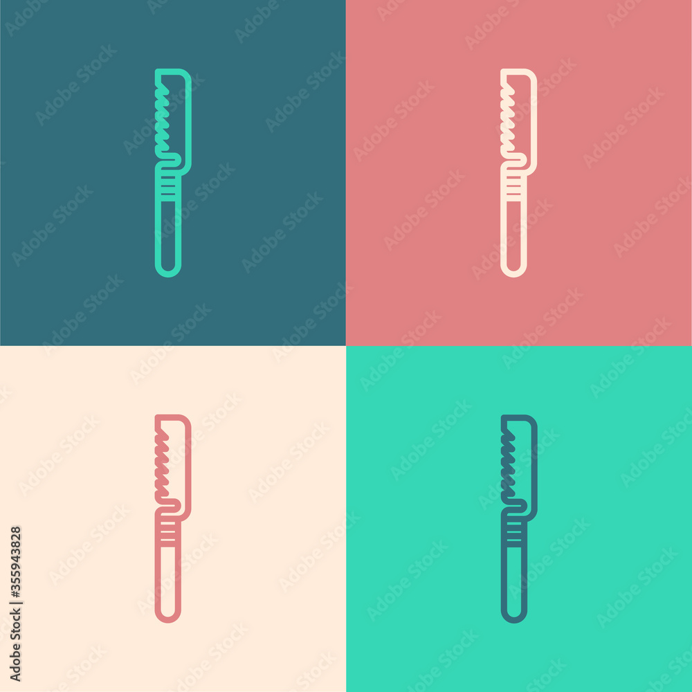 Pop art line Medical saw icon isolated on color background. Surgical ...