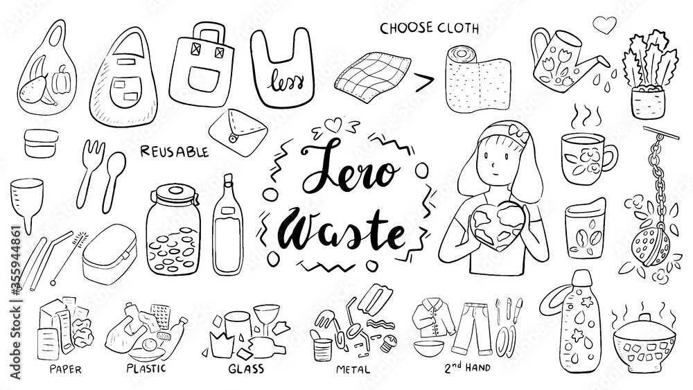 beautiful illustration cute doodle set of Zero Waste lifestyle ...