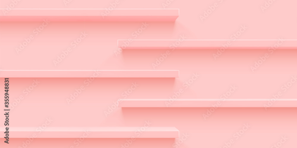 Pink 3d shelf on the wall. Wooden horizontal realistic empty shelf ...