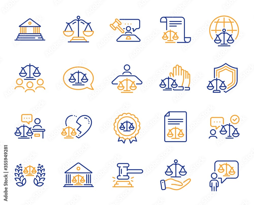 Court line icons. Scales of Justice, Lawyer and Judge. Hammer, Law and ...