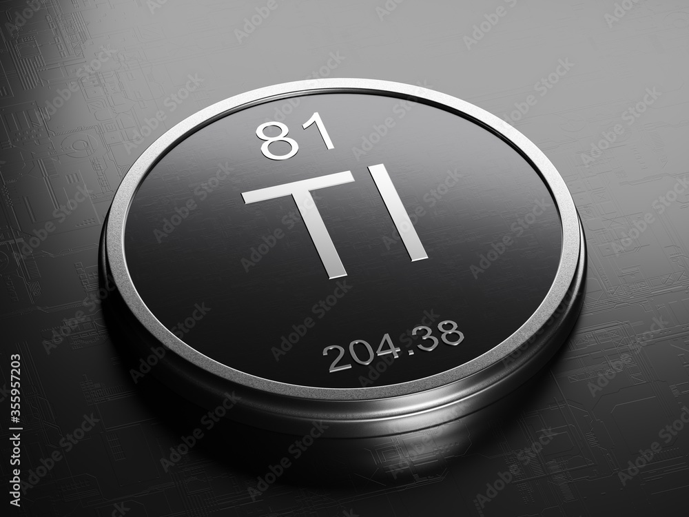 Thallium element from periodic table on futuristic round shiny metallic ...