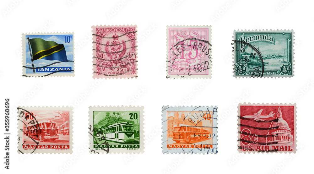 Stamps mail close up on a white background. Stock Photo | Adobe Stock