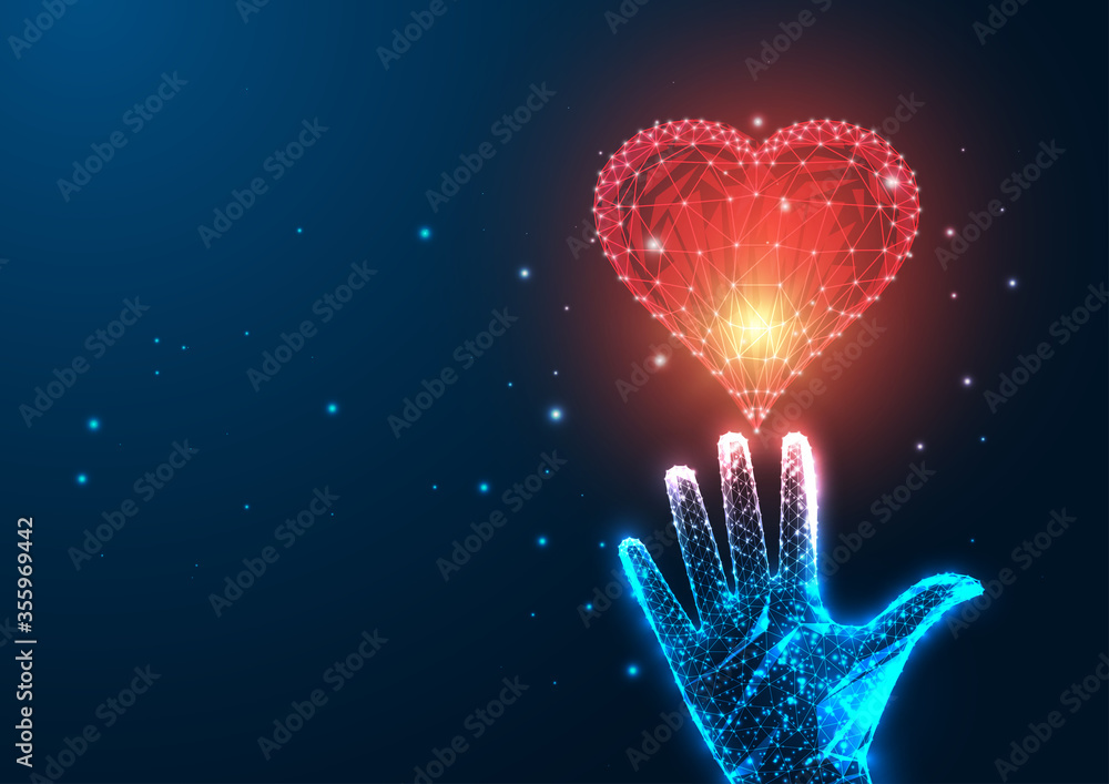 Futuristic love concept with glowing low polygonal female hand reaching ...