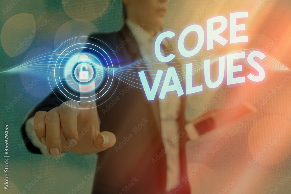 Writing note showing Core Values. Business concept for principles which ...