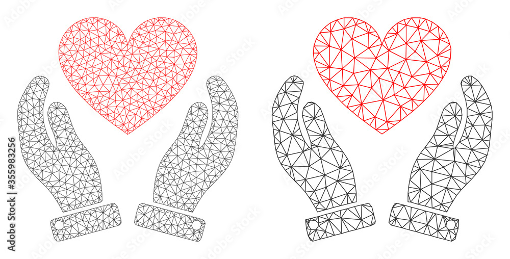 Mesh vector love heart care hands icon. Mesh wireframe love heart care ...