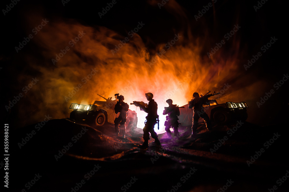 War Concept. Battle scene on war fog sky background, Fighting ...