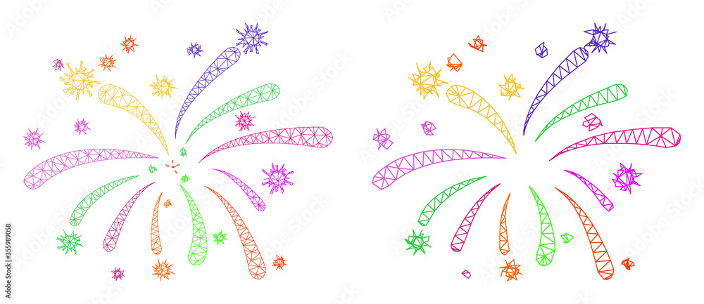 Triangular vector viral fireworks icon. Mesh carcass viral fireworks ...