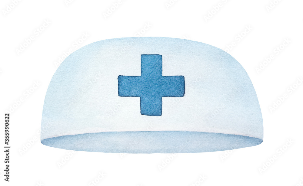 Water color illustration of white medical cap with blue cross sign. One ...