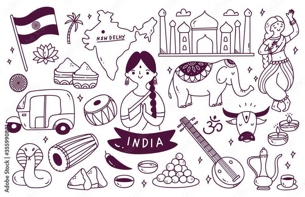 India Travel Destination Doodle Set Vector Illustration Stock Vector ...